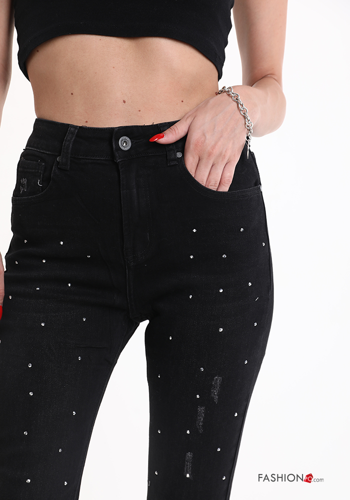 high waist skinny Cotton Jeans with pockets with rhinestones | Jeans ...